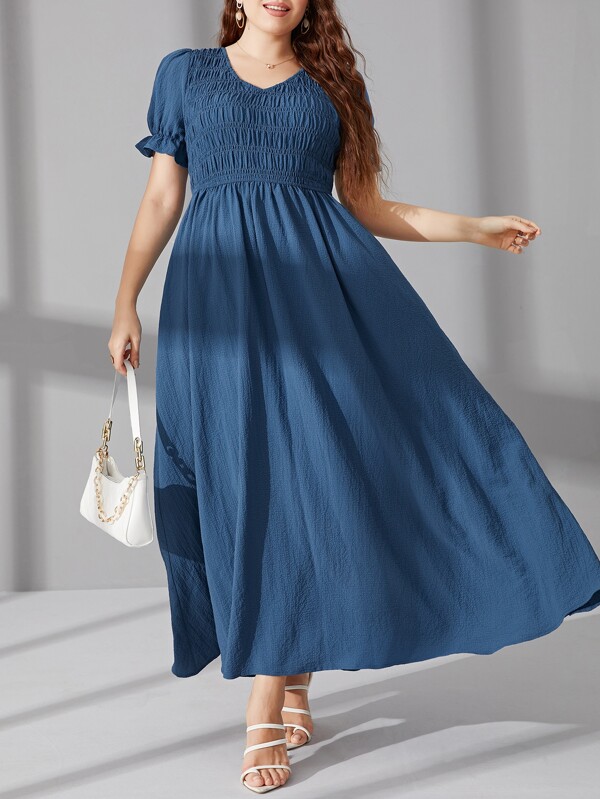 SHEIN Mulvari Plus Shirred Puff Sleeve A-line Dress | SHEIN USA