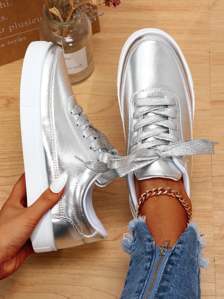 Metallic Lace-up Front Skate Shoes, Silver Solid Color Sneakers For ...