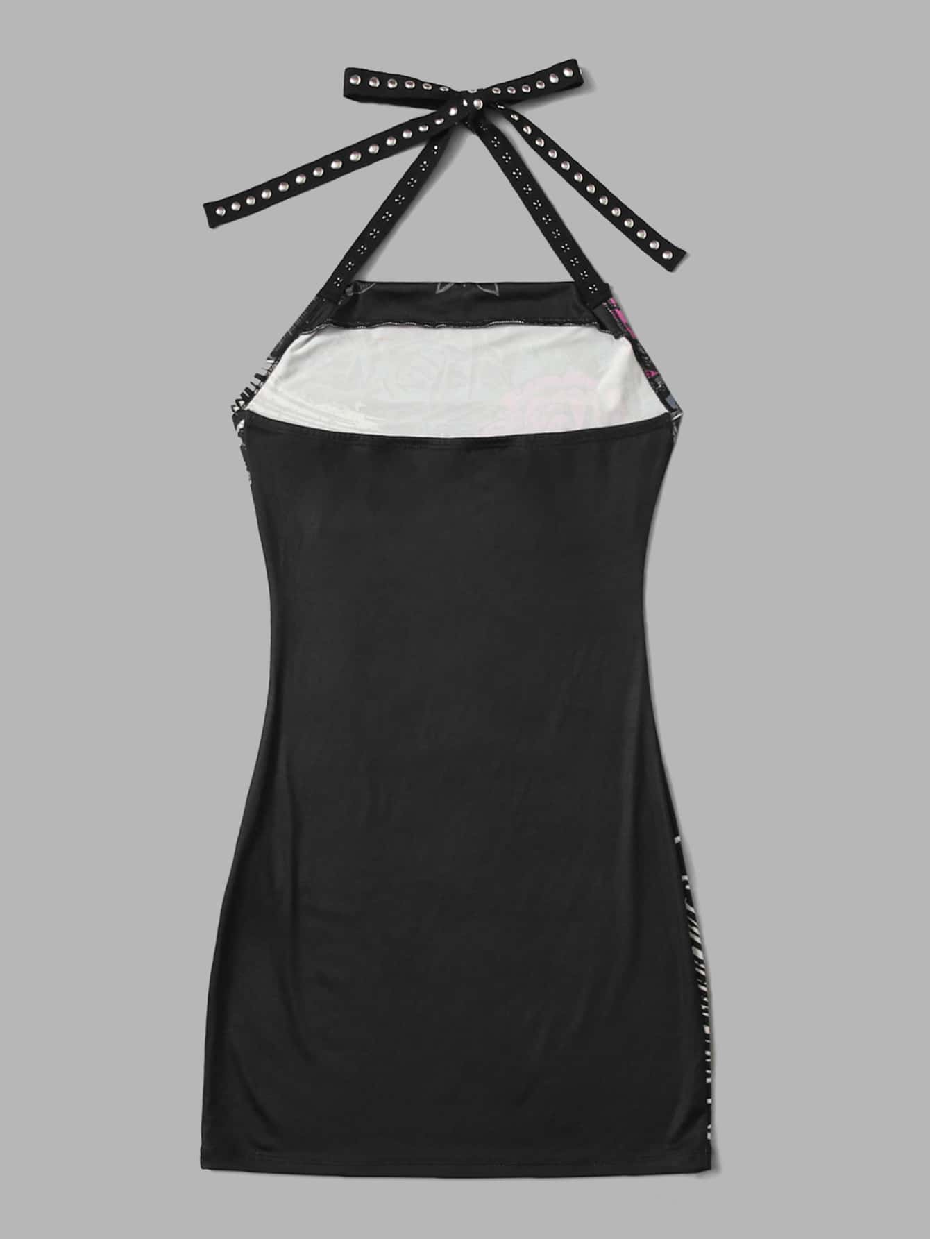 ROMWE PUNK Floral & Letter Graphic Studded Detail Tie Backless Halter ...