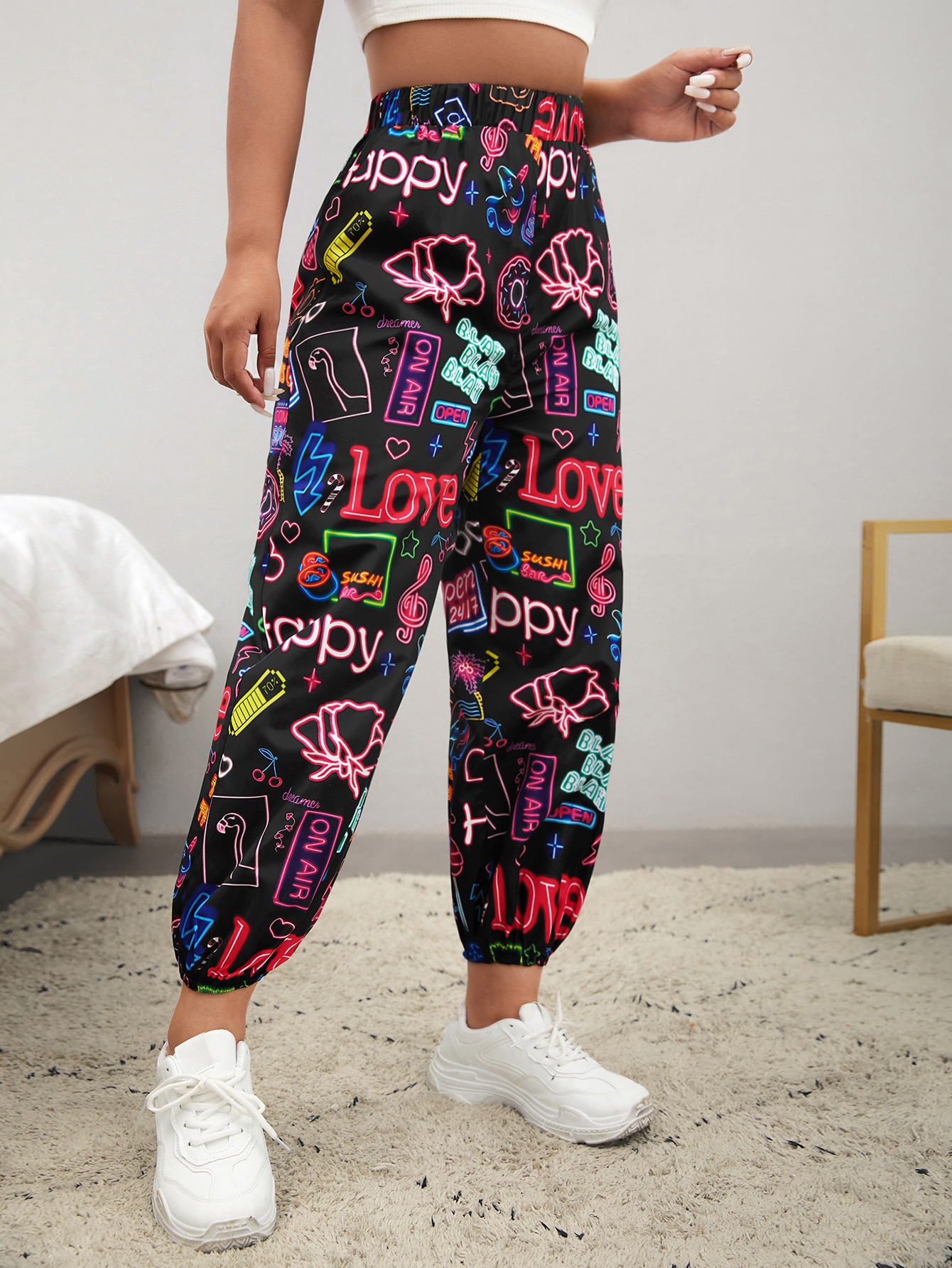 SHEIN Coolane Letter & Floral Print Carrot Pants | SHEIN USA