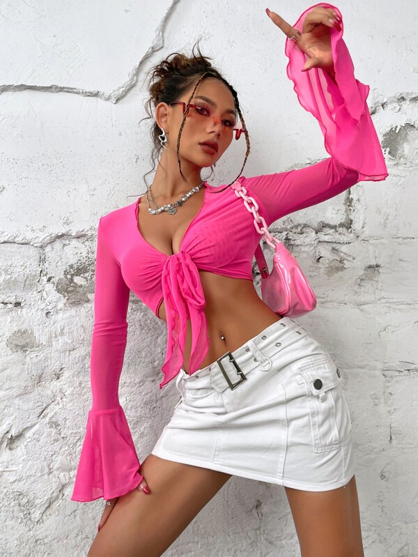 Shein Icon Dopamine Dressing Flounce Sleeve Knot Front Crop Top Shein Usa