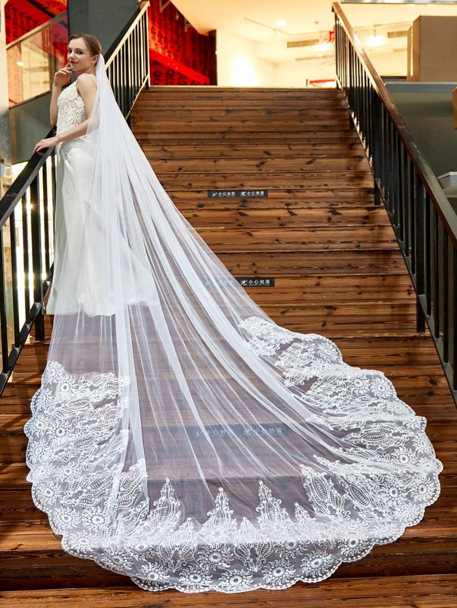 Flower Embroidered Extra Long Bridal Veil Wedding Veil For Bride ...