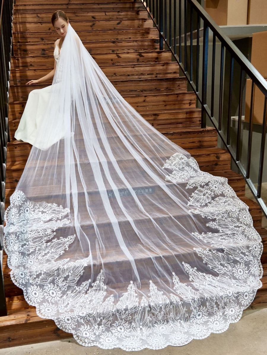 Flower Embroidered Extra Long Bridal Veil Wedding Veil For Bride ...