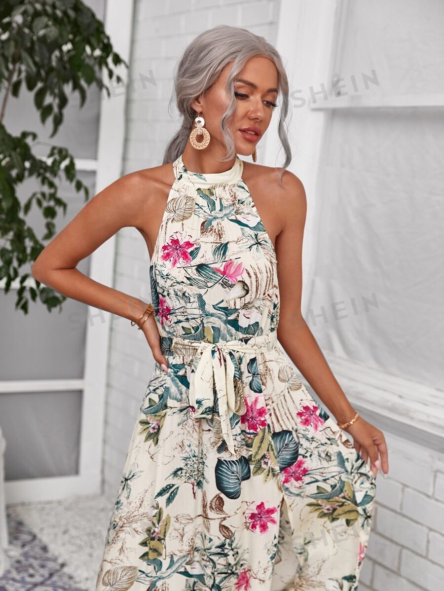 SHEIN VCAY Botanical Floral Print High Split Hem Self Belted Halter Beach Summer Flower Dress ...