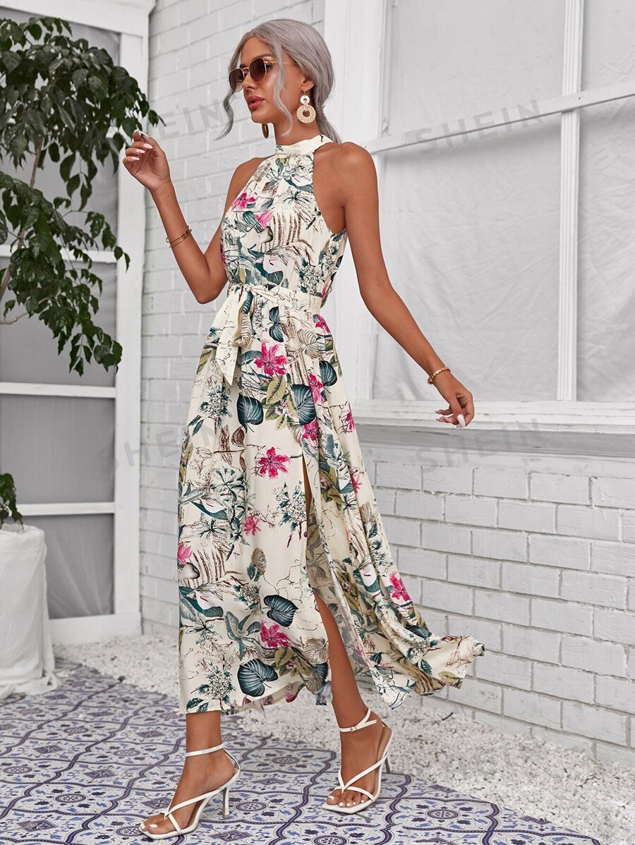 SHEIN VCAY Botanical Floral Print High Split Hem Self Belted Halter Beach Summer Flower Dress ...