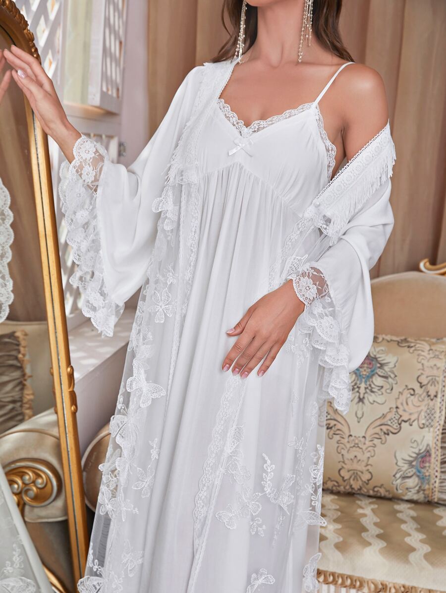 Butterfly & Floral Embroidery Lace Trim Sleep Robe & Cami Nightdress ...