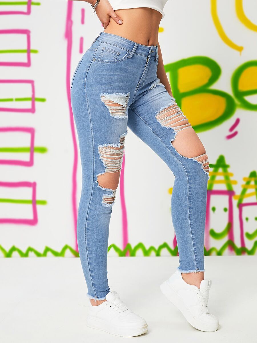 SHEIN EZwear Ripped Cut Out Skinny Jeans | SHEIN USA