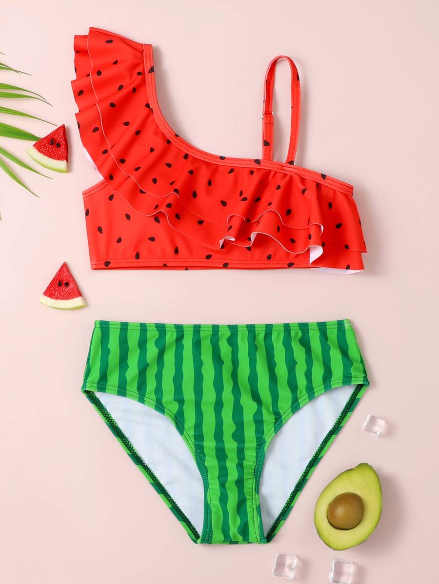 Tween Girl Random Watermelon Print Asymmetrical Neck Ruffle Trim Bikini ...