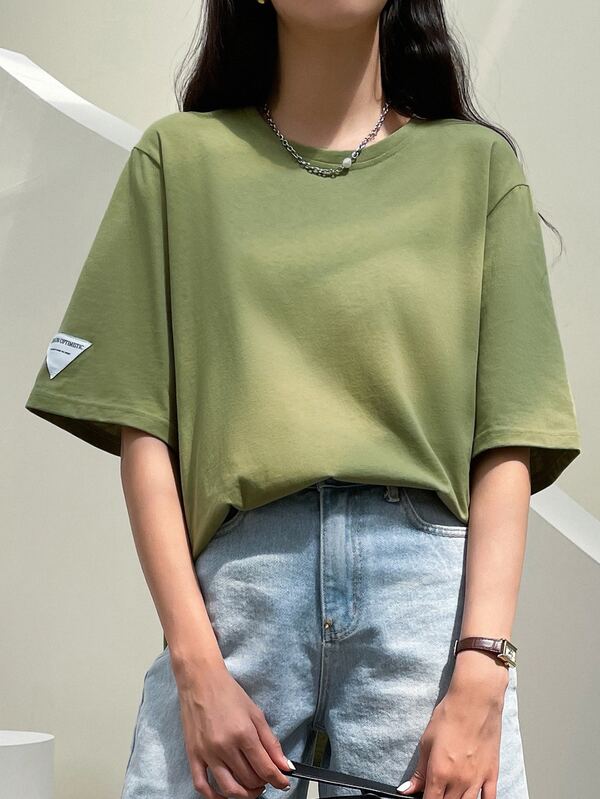 Dazy-Less Letter Patched Detail Split Hem Drop Shoulder Tee | SHEIN