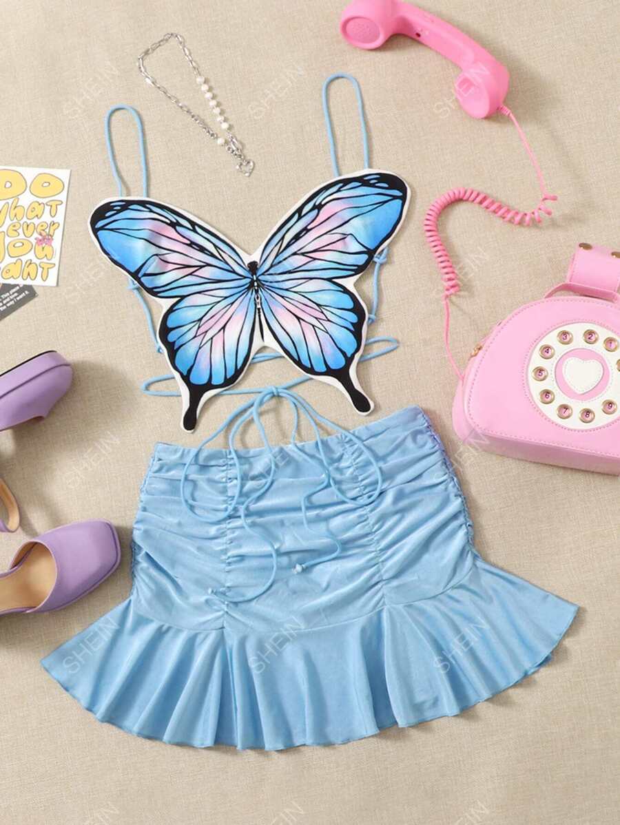 SHEIN ICON 90s Butterfly Print Tie Backless Cami Top & Ruched Ruffle ...