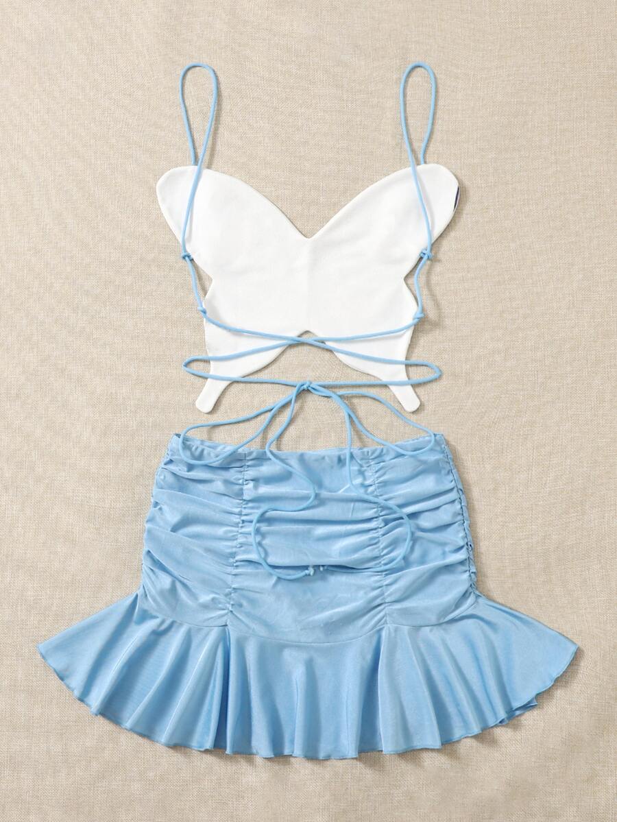 SHEIN ICON 90s Butterfly Print Tie Backless Cami Top & Ruched Ruffle ...