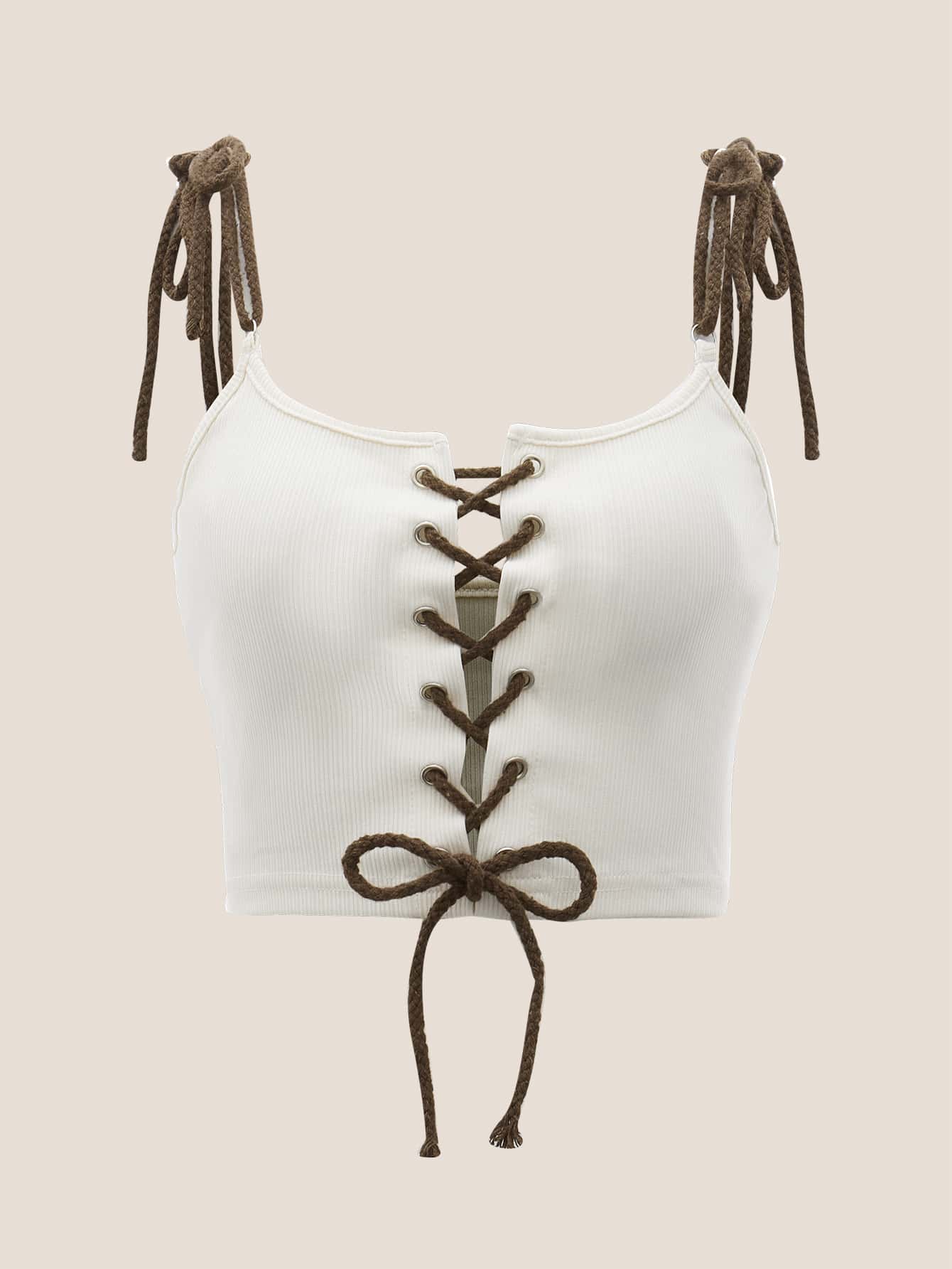 ROMWE Lace Up Tie Shoulder Ribbed Cami | SHEIN USA