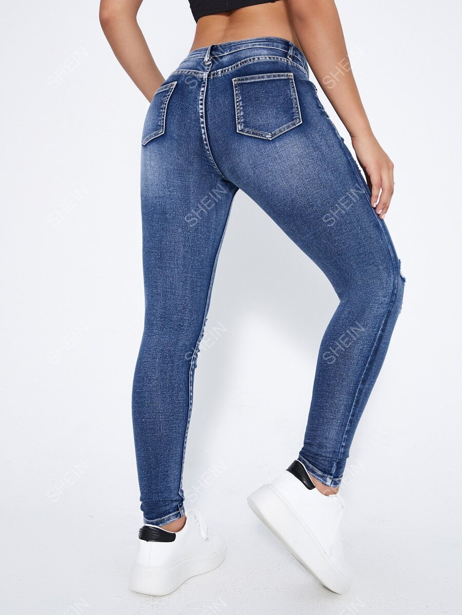 SHEIN Essnce Ripped Moustache Effect Skinny Jeans | SHEIN UK