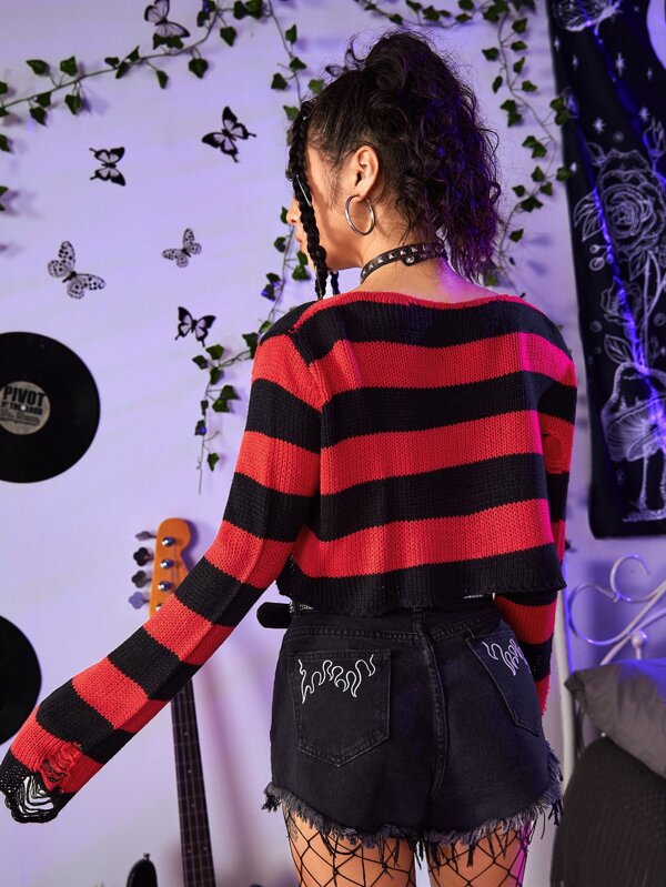 Grunge Punk Striped Distressed Sweater | SHEIN USA