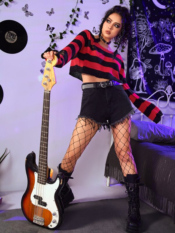 Grunge Punk Striped Distressed Sweater | SHEIN USA