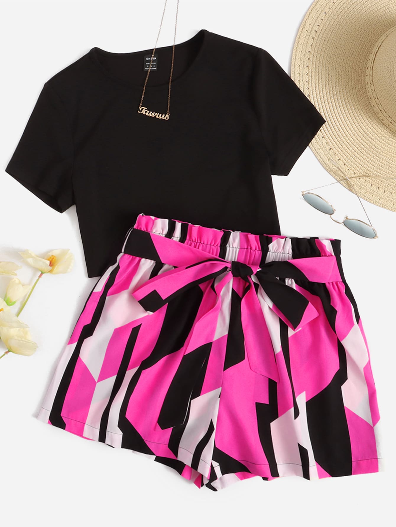 SHEIN LUNE Crop Tee & Paper Bag Waist Tie Front Shorts Set | SHEIN USA