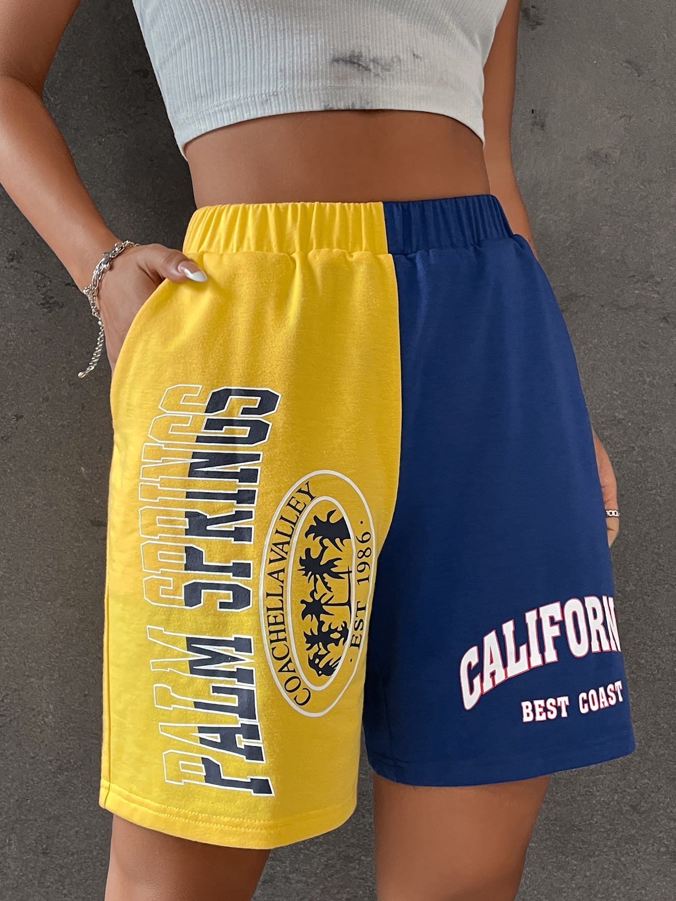 Coconut Tree & Letter Graphic Two Tone Shorts