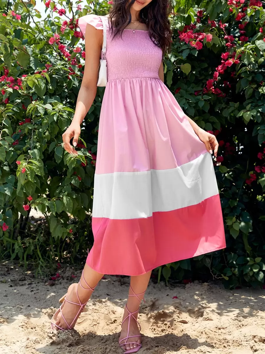 Colorblock Shirred Square Neck Flutter Sleeve Dress | SHEIN USA