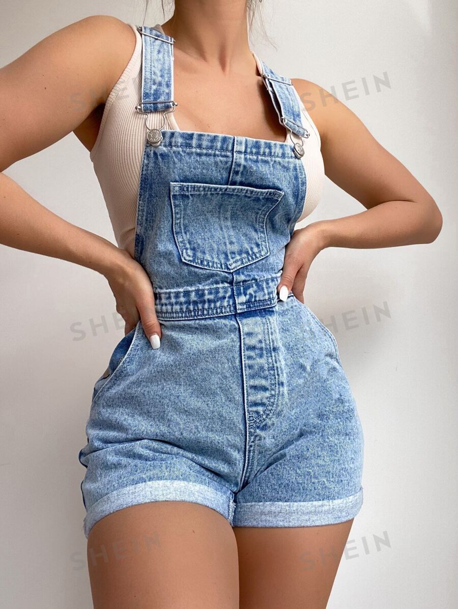 SHEIN Frenchy Roll Up Hem Denim Dungaree Romper Without Tank Top | SHEIN UK