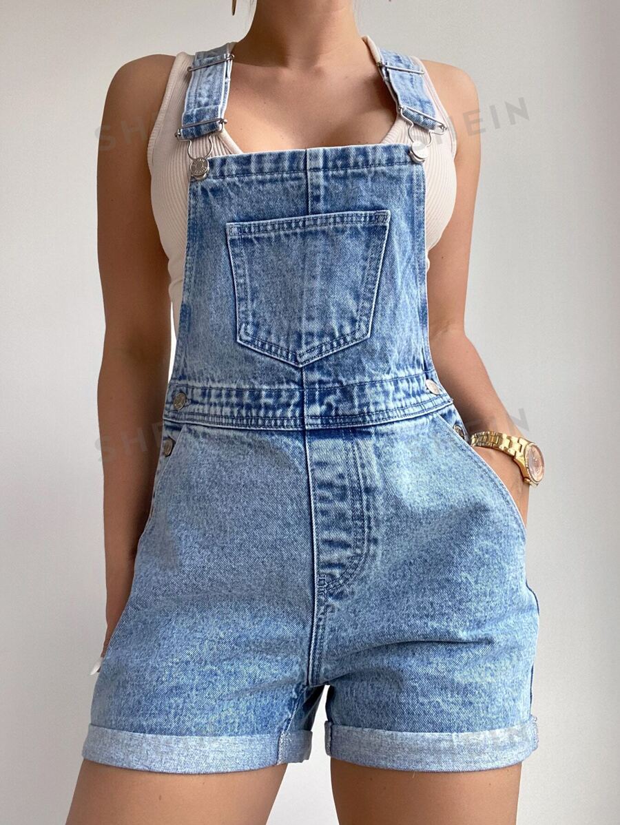 SHEIN Frenchy Roll Up Hem Denim Dungaree Romper Without Tank Top | SHEIN UK