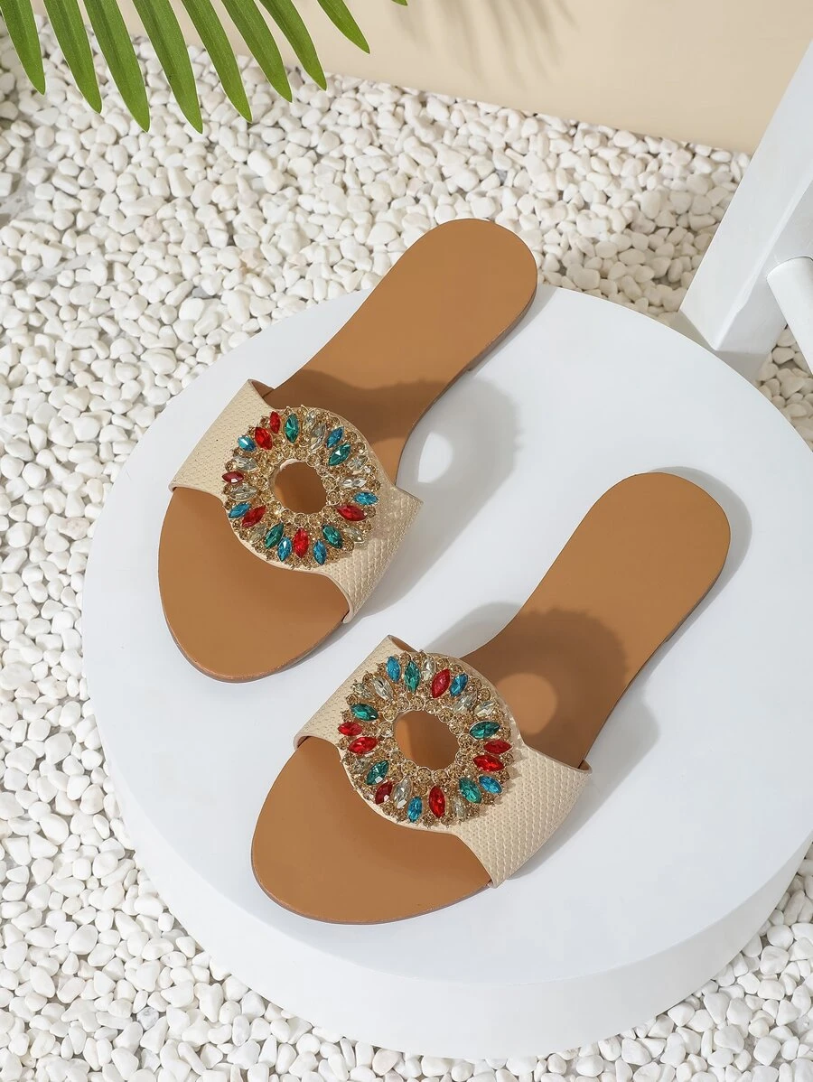 Femme Avec Strass Découpé Sandales Plates , Glamour À Bout Ouvert ...