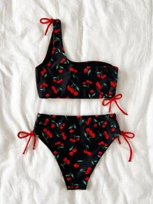 Cherry Print Bikini Set Drawstring One Shoulder Bra & High Waisted ...