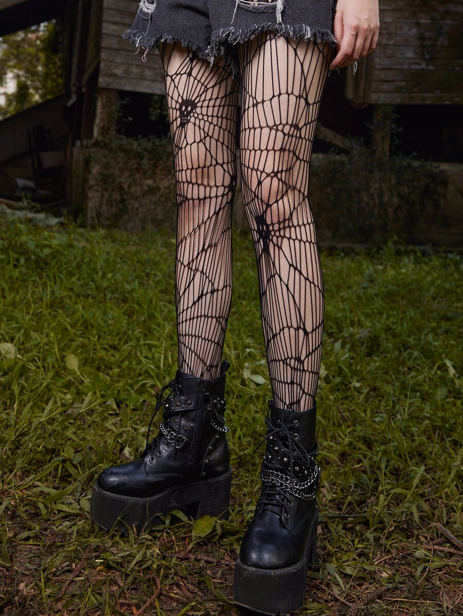 ROMWE Goth Solid Spider Web Tights | SHEIN UK