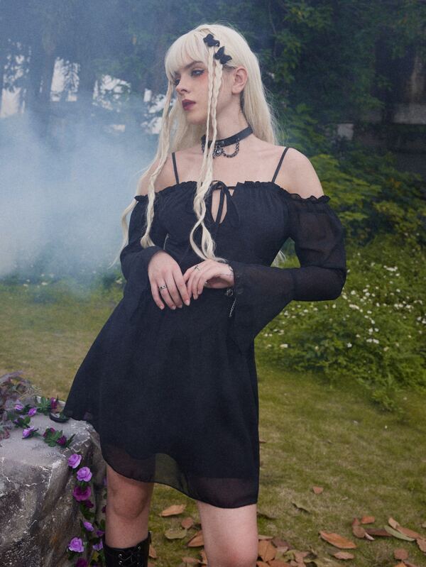 Goth Solid Tie Front Frill Cold Shoulder Dress Without Corset Belt ...