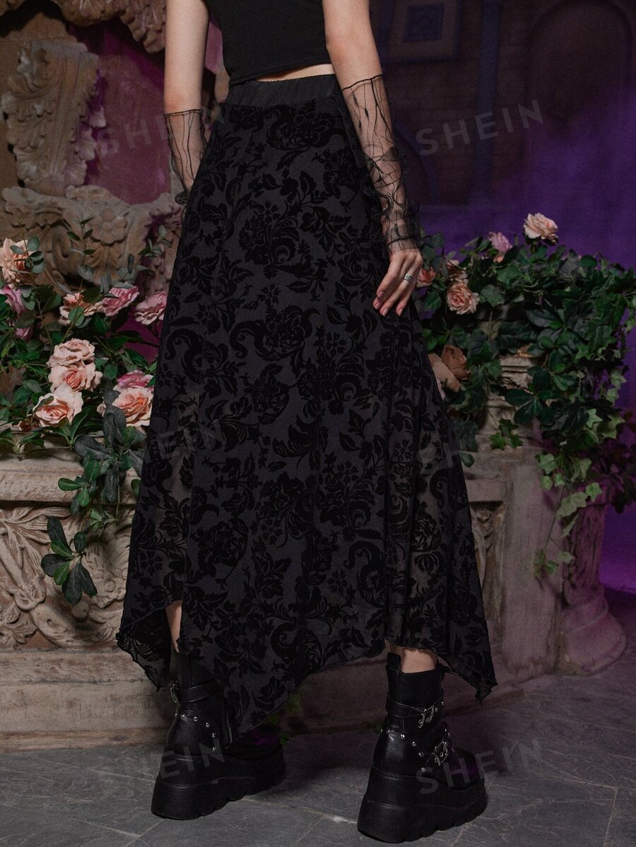 ROMWE Goth Floral Pattern Mesh Skirt | SHEIN UK
