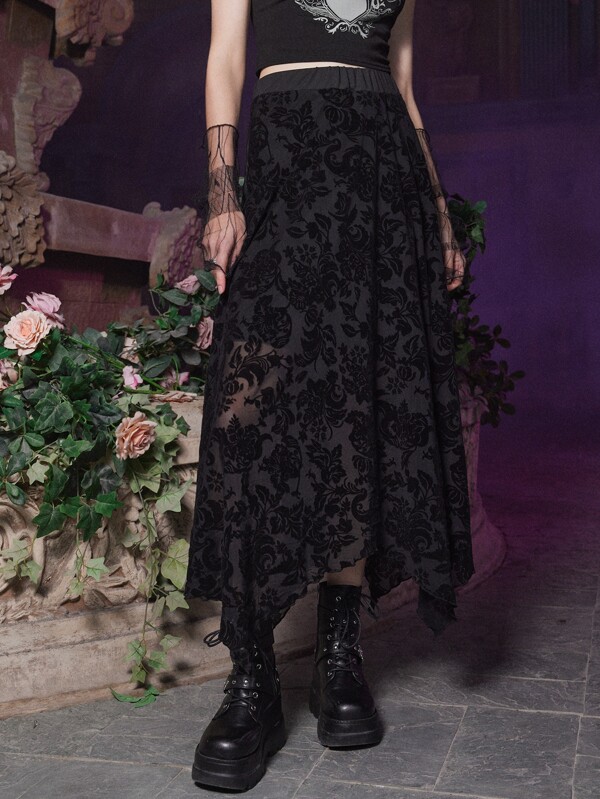 Goth Floral Pattern Mesh Skirt | SHEIN USA