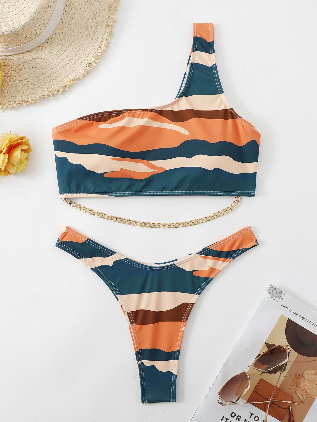 Random Colorblock Chain Detail One Shoulder Bikini Swimsuit | SHEIN USA