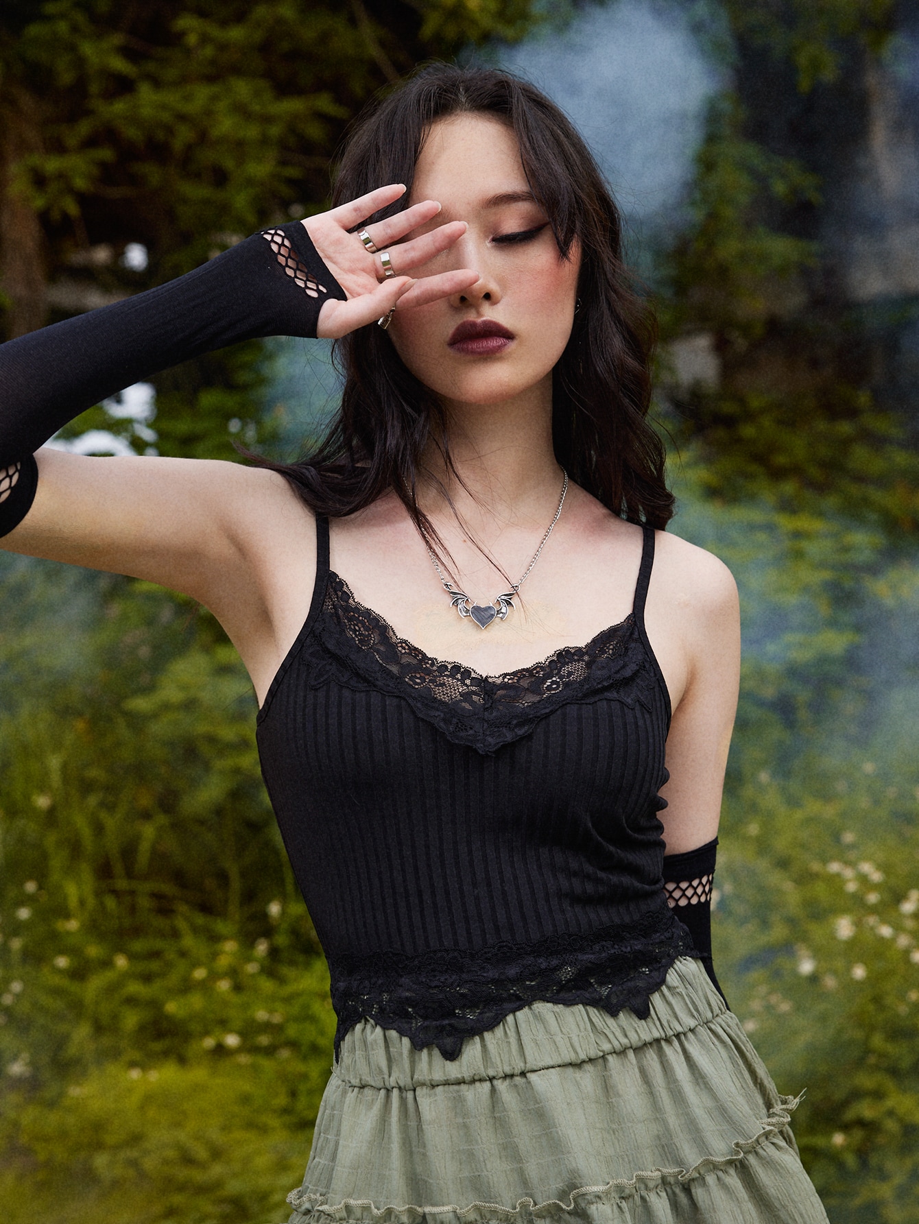 ROMWE Fairy Grunge Top de tirantes ribete con encaje