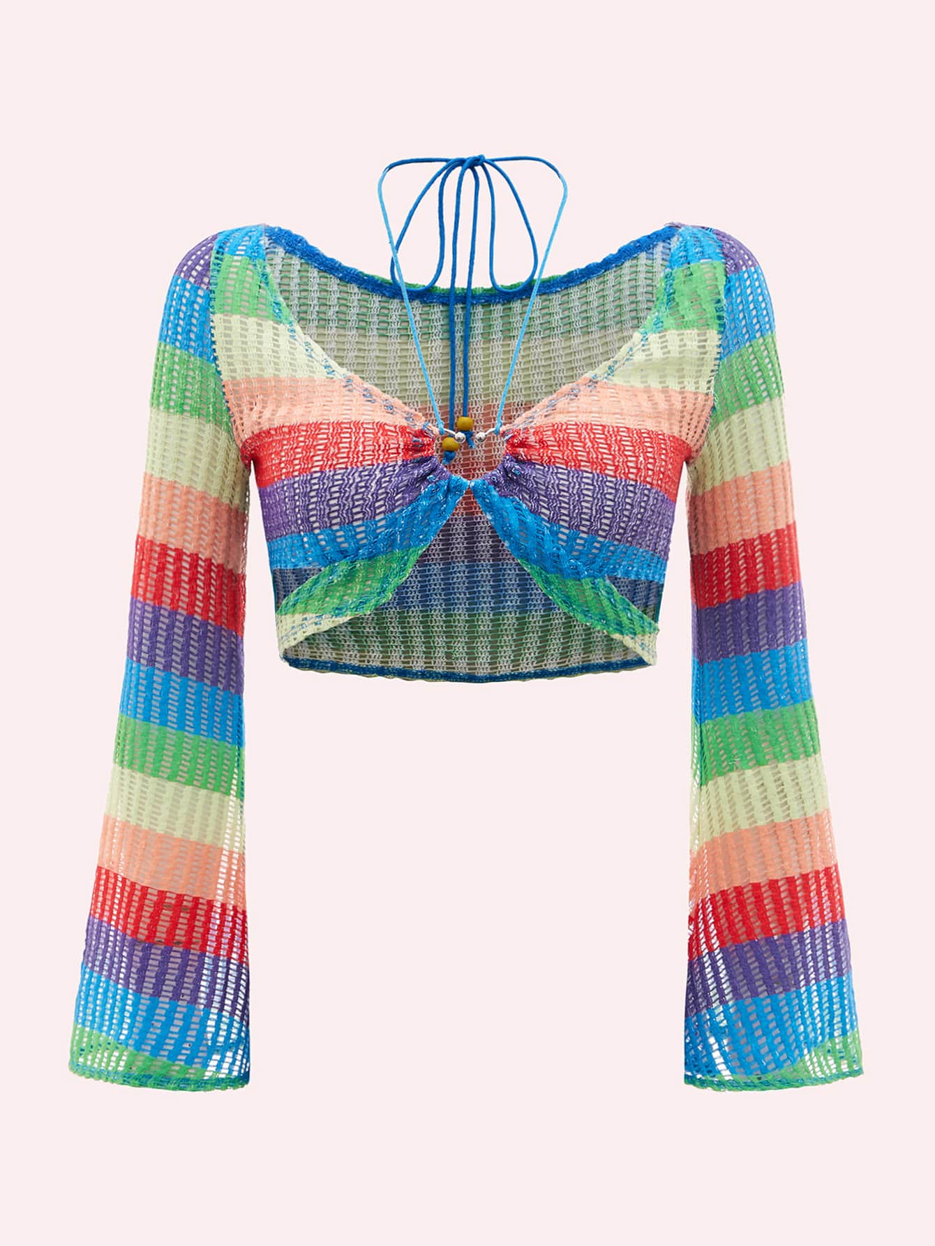 SHEIN Rainbow Striped Trumpet Sleeve Tie Back Heart-ring Crop Top