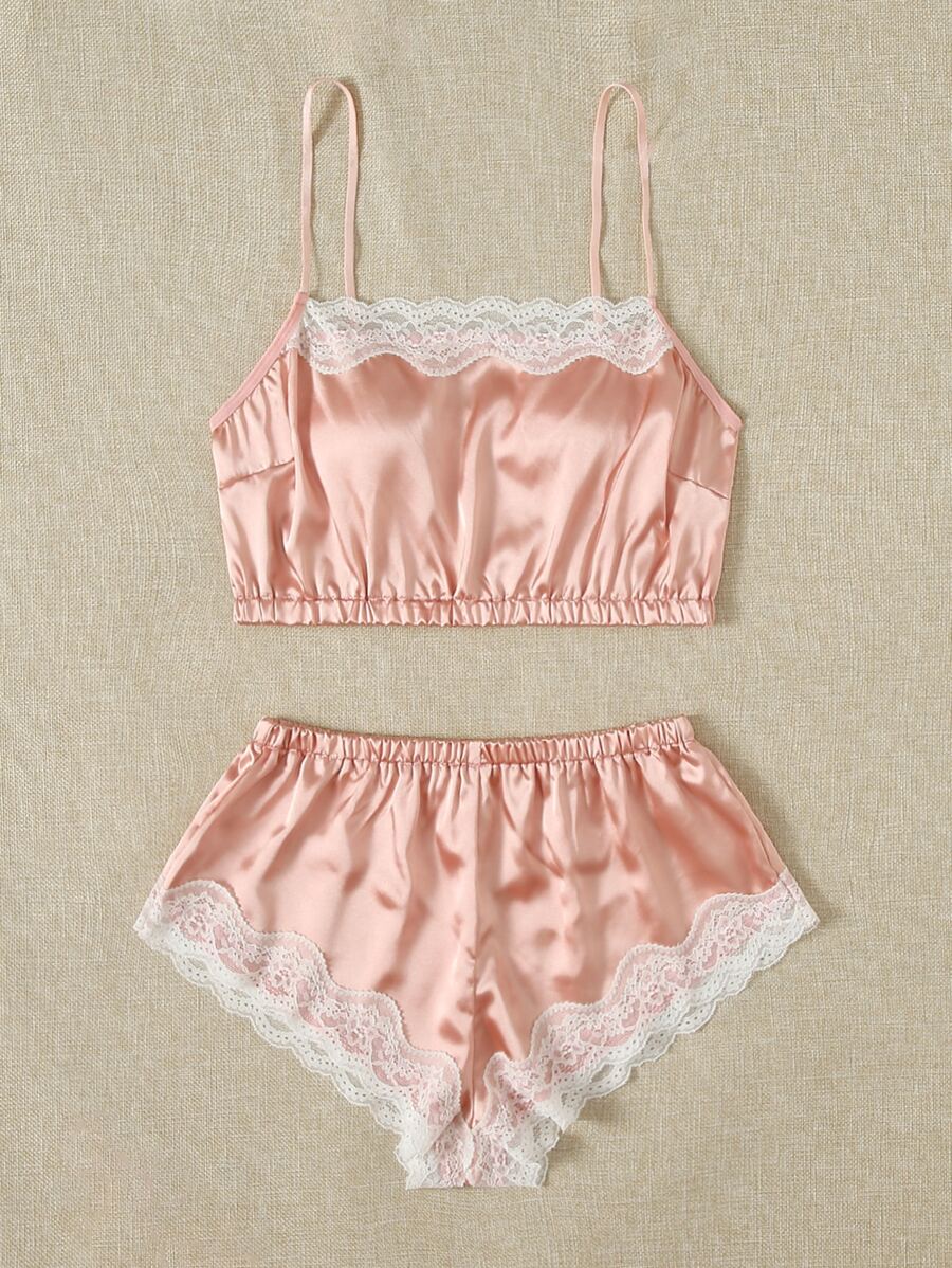 Satin Lace Cami Top & Shorts Lingerie Set | SHEIN USA
