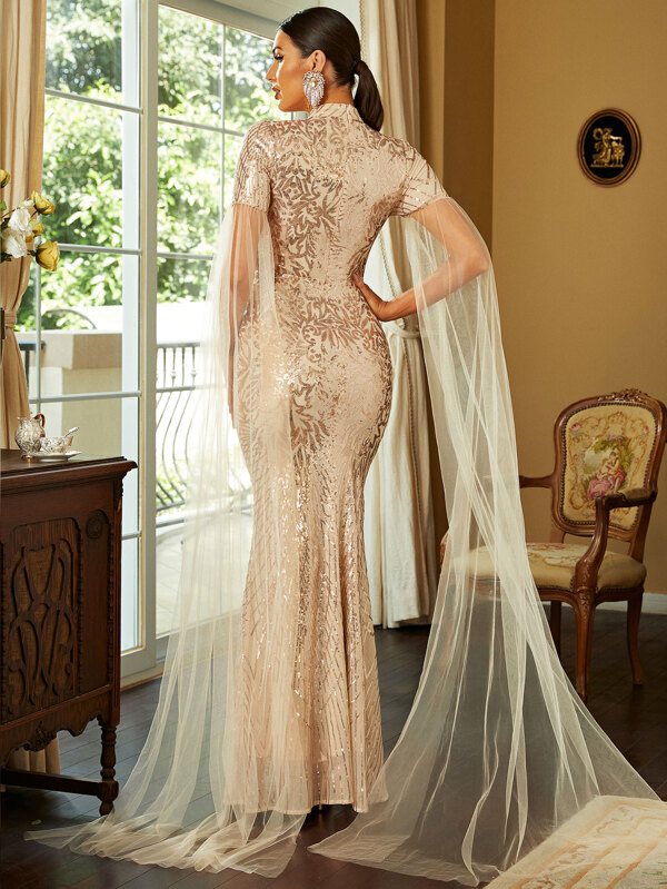 Missord Contrast Mesh Cloak Sleeve Mock Neck Mermaid Hem Sequin Formal