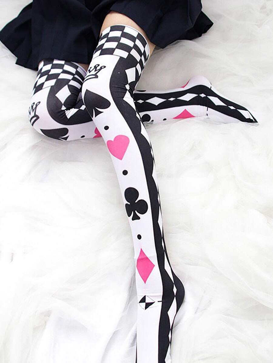 Checkered & Playing Card Print Over The Knee Socks | SHEIN USA