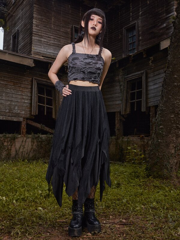 ROMWE Goth Solid Asymmetric Hem Skirt | SHEIN USA