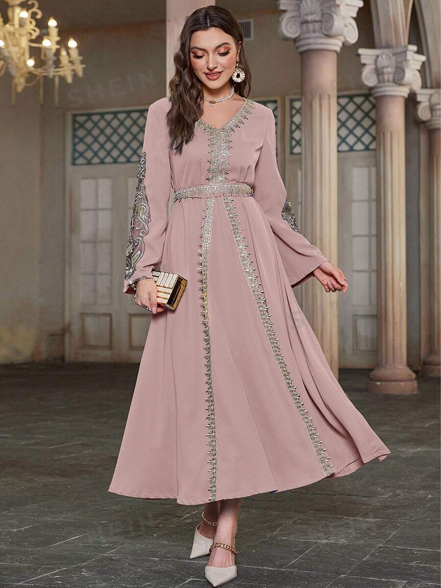Shein Najma Paisley And Floral Embroidery Applique Flounce Sleeve Dress