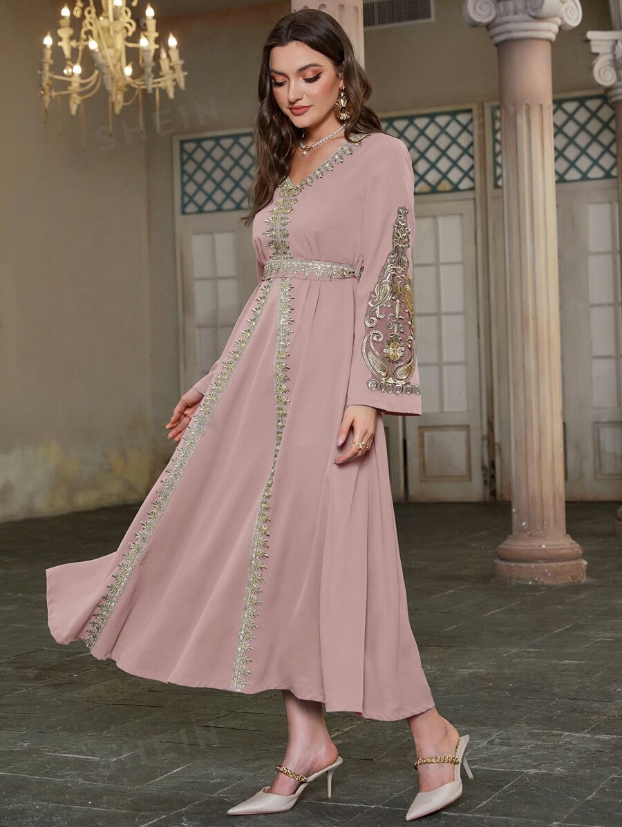 Shein Najma Paisley And Floral Embroidery Applique Flounce Sleeve Dress