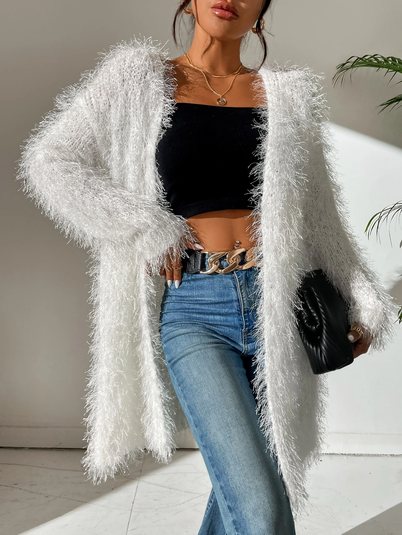 SHEIN Essnce Drop Shoulder Fuzzy Duster Cardigan | SHEIN USA