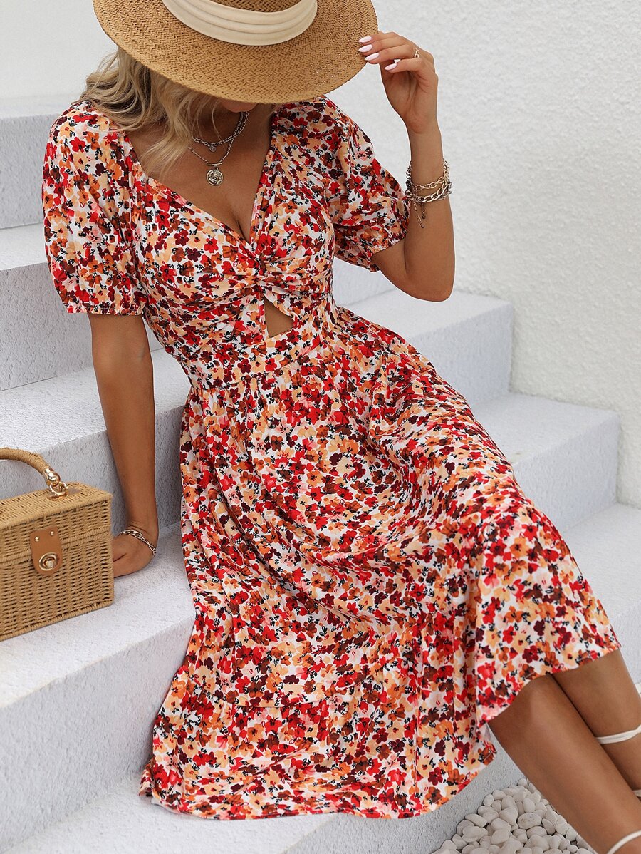 Breezaya Allover Floral Print Twist Front Cut Out Puff Sleeve Ruffle Hem Dress | SHEIN USA