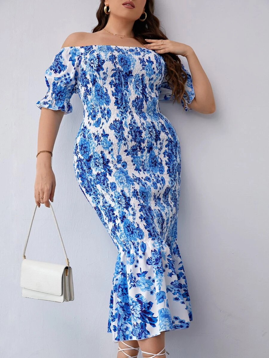 SHEIN SXY Plus Floral Print Off Shoulder Shirred Mermaid Hem Bodycon ...
