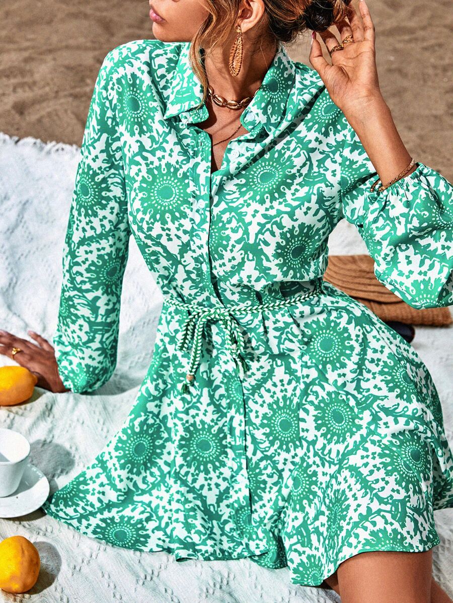 Aveloria Random Allover Print Lantern Sleeve Belted Shirt Dress | SHEIN USA