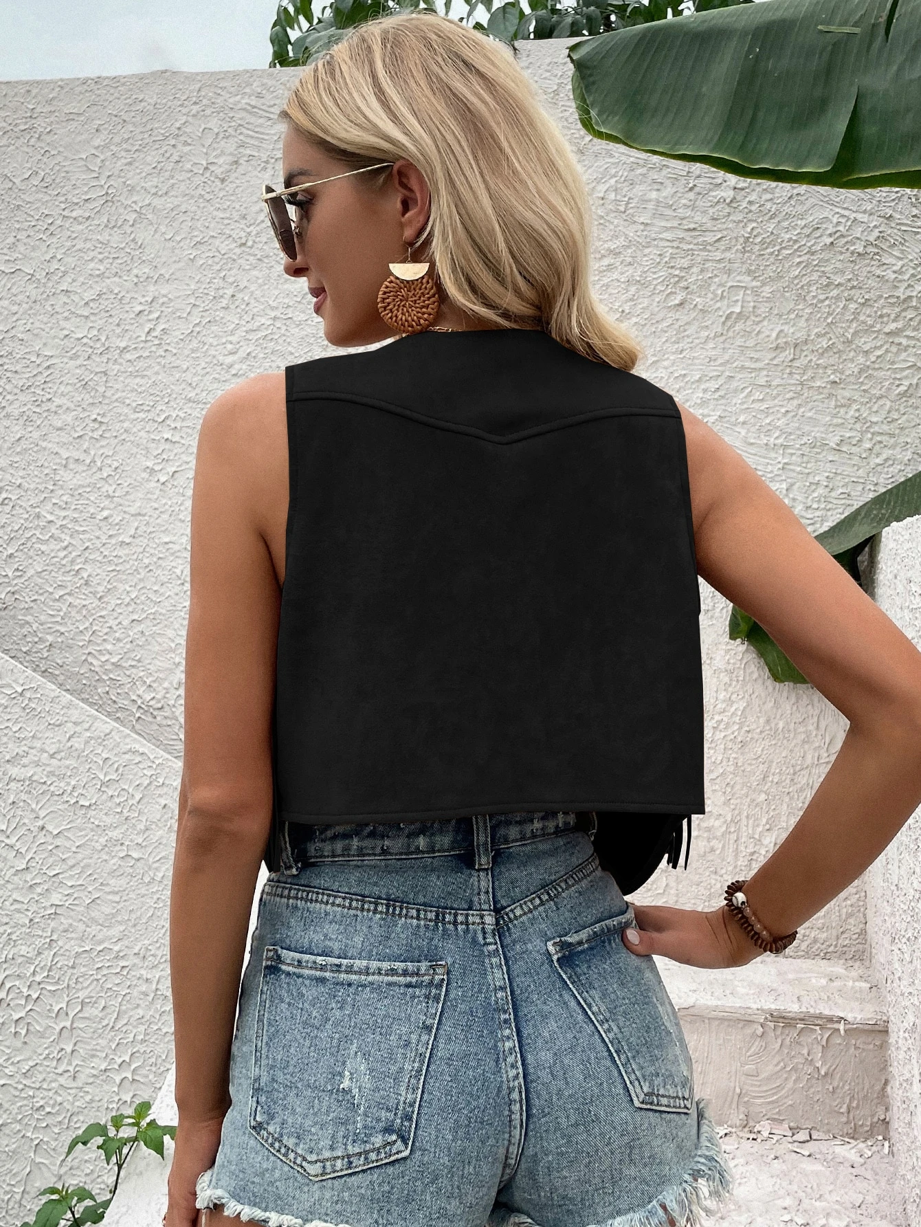 SHEIN LUNE Fringe Detail Snap Button Front Suedette Vest Jacket | SHEIN USA