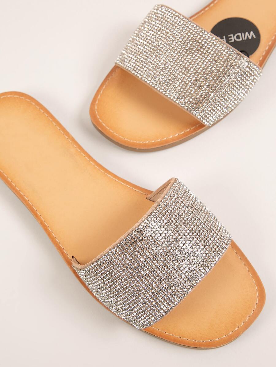 SHEIN SHUZIA Wide Fit Rhinestone Flat Sandals Christmas Holiday Vacay ...