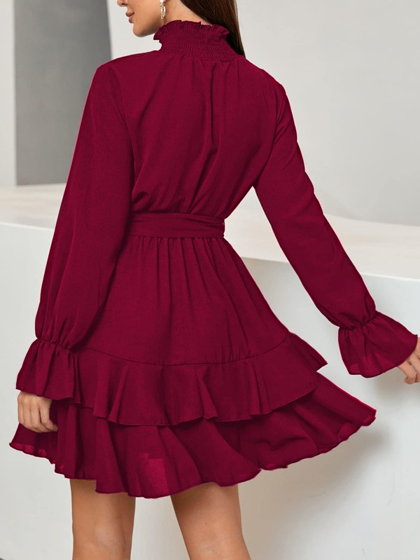 Shein Privé Flounce Sleeve Shirred Neck Ruffle Hem Belted Dress Shein Usa