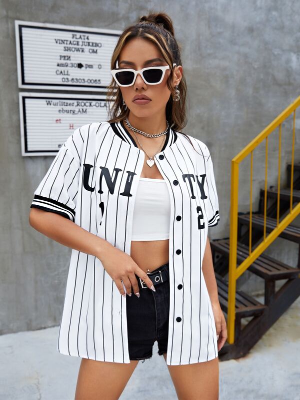 Shein Ezwear Striped And Letter Graphic Drop Shoulder Baseball Shirt