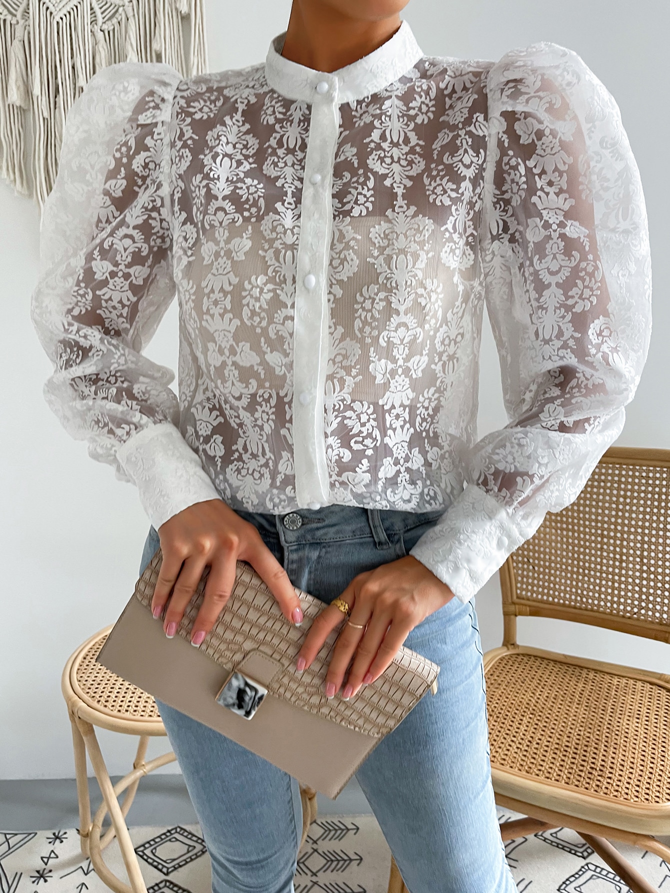Mock Neck Leg-of-mutton Sleeve Sheer Shirt Without Bra | SHEIN UK