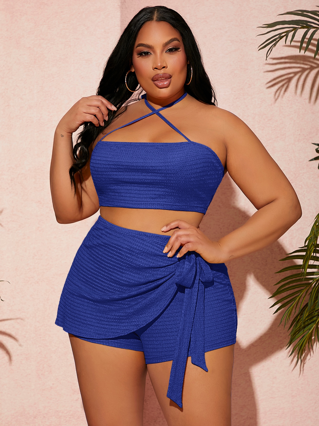 Shein Sxy Plus Criss Cross Tie Backless Halter Top And Knot Side Skort