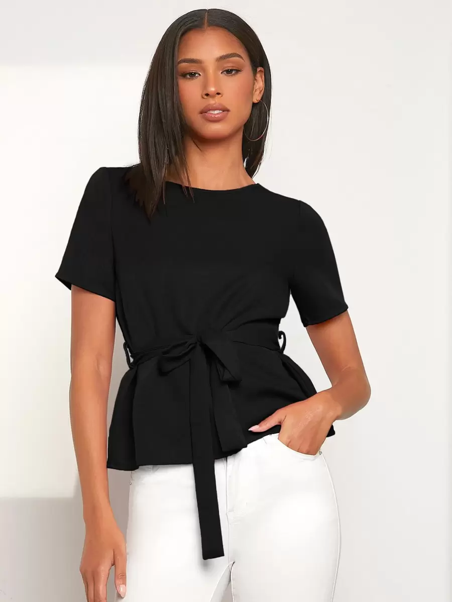 SHEIN LUNE Blusa unicolor de espalda con abertura de ojo con cinturón | Moda de Mujer | SHEIN México